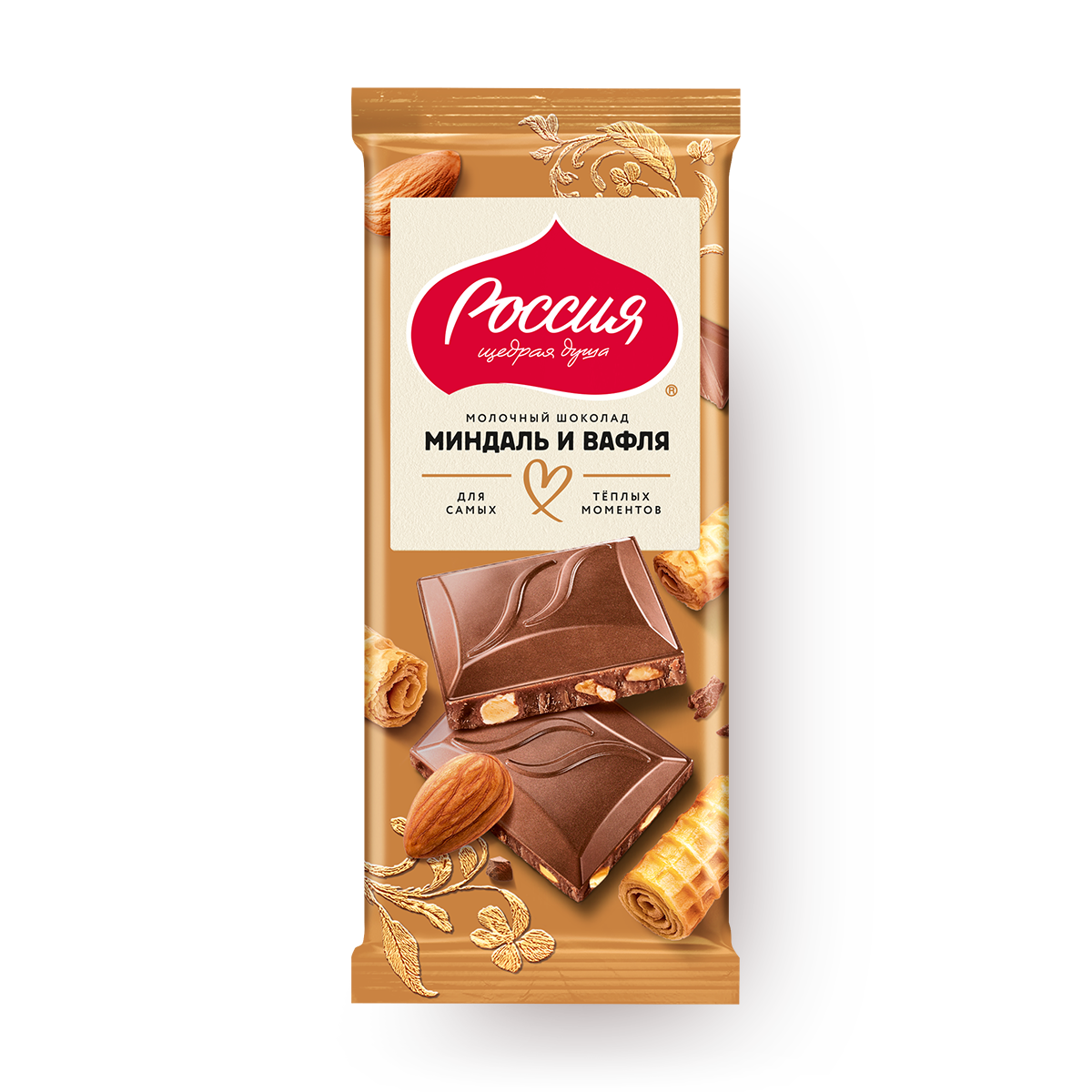Шоколад "Россия - Щедрая Душа!", молочный, миндаль, вафля, 168 г