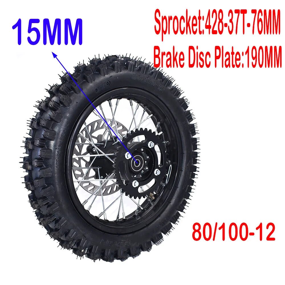 Заднее колесо для мотоцикла 1,85-12 дюймов с шиной 80/100-12 190 мм, тормозной диск, звездочка № 428 для CRF KLX Kayo, кроссовый велосипед для питбайка, Черный