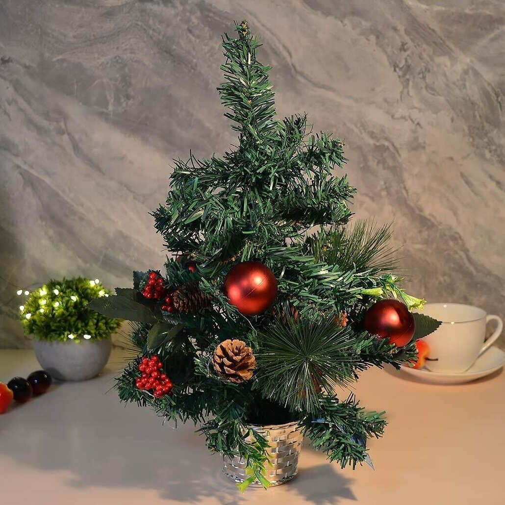 Ёлка настольная 45см в серебристом горшке, зелёная с красными шарами и шишками