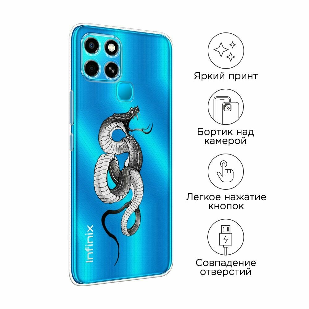 Чехол на Infinix Smart 6 / Инфиникс Смарт 6 с принтом Монохромная змея рисунок, прозрачный — фото 1