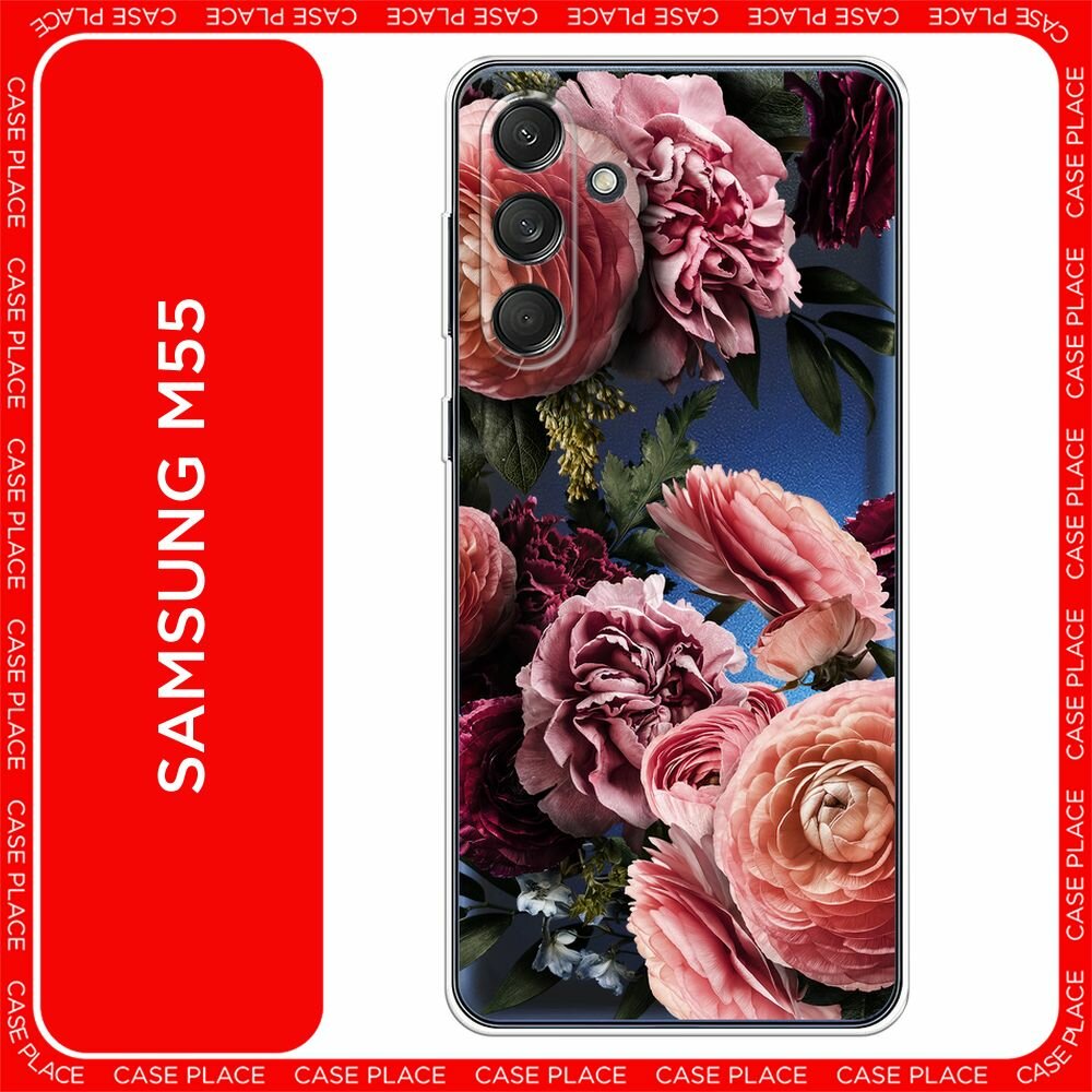 Чехол на Samsung Galaxy M55 / Самсунг M55 с принтом "Бордовые винтажные цветы", прозрачный