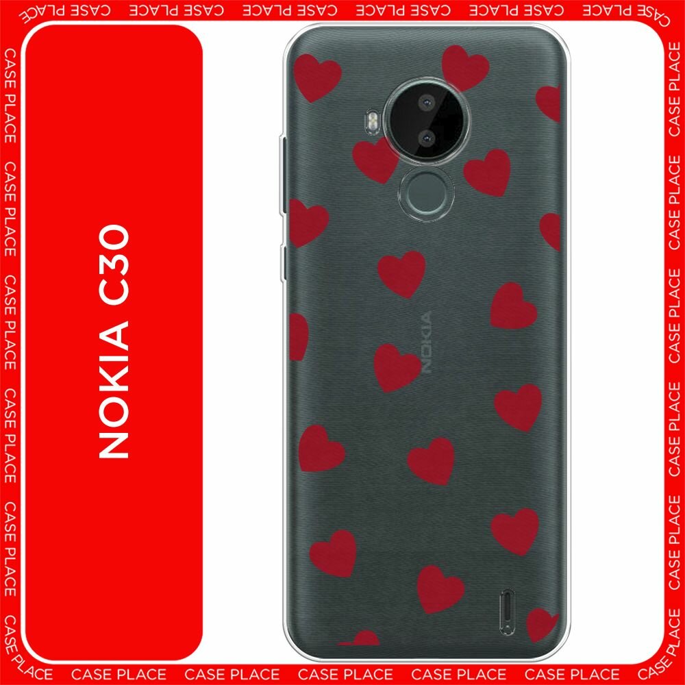 Чехол на Nokia C30 / Нокия C30 с принтом "Бордовые сердечки паттерн - 14 февраля", прозрачный