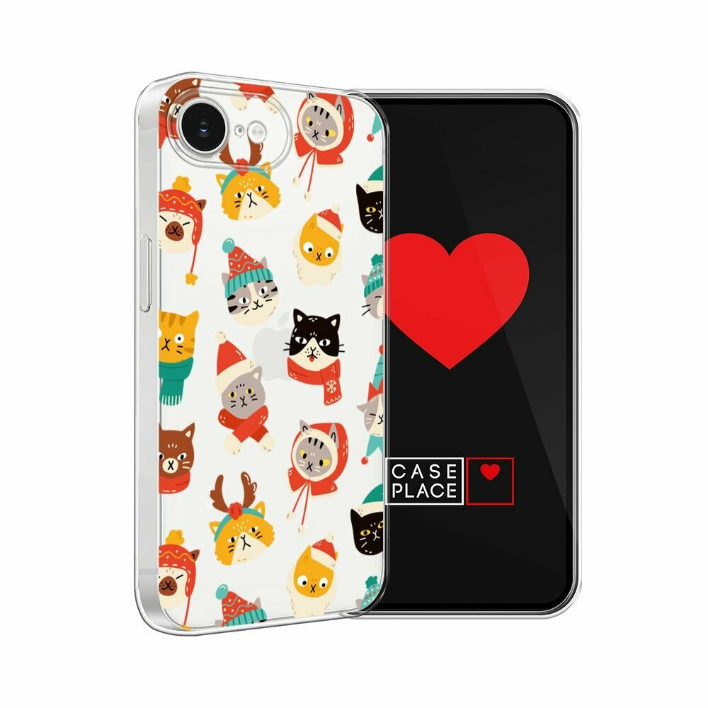 Чехол на Apple iPhone 16e/17e / Айфон 16е/17e с принтом Праздничные котики, прозрачный — фото 1