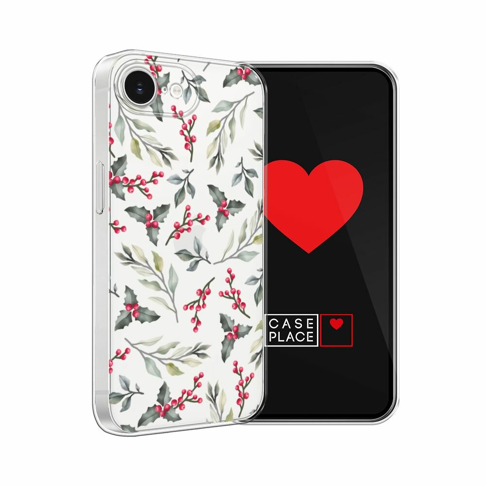 Чехол на Apple iPhone 16e/17e / Айфон 16е/17e с принтом Зимние ягоды паттерн, прозрачный — фото 1