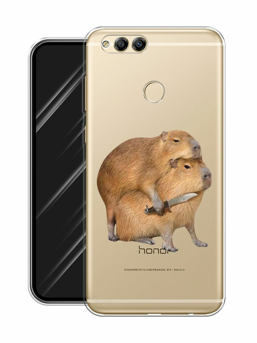 Чехол на Honor 7X / Хонор 7Х с принтом "Капибара с ножом", прозрачный — фото 1