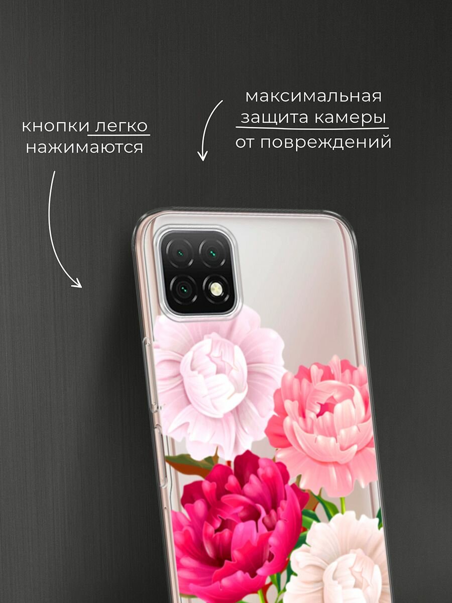 Чехол на Wiko T3 / Вико Т3 с принтом "Большие пионы", прозрачный — фото 1