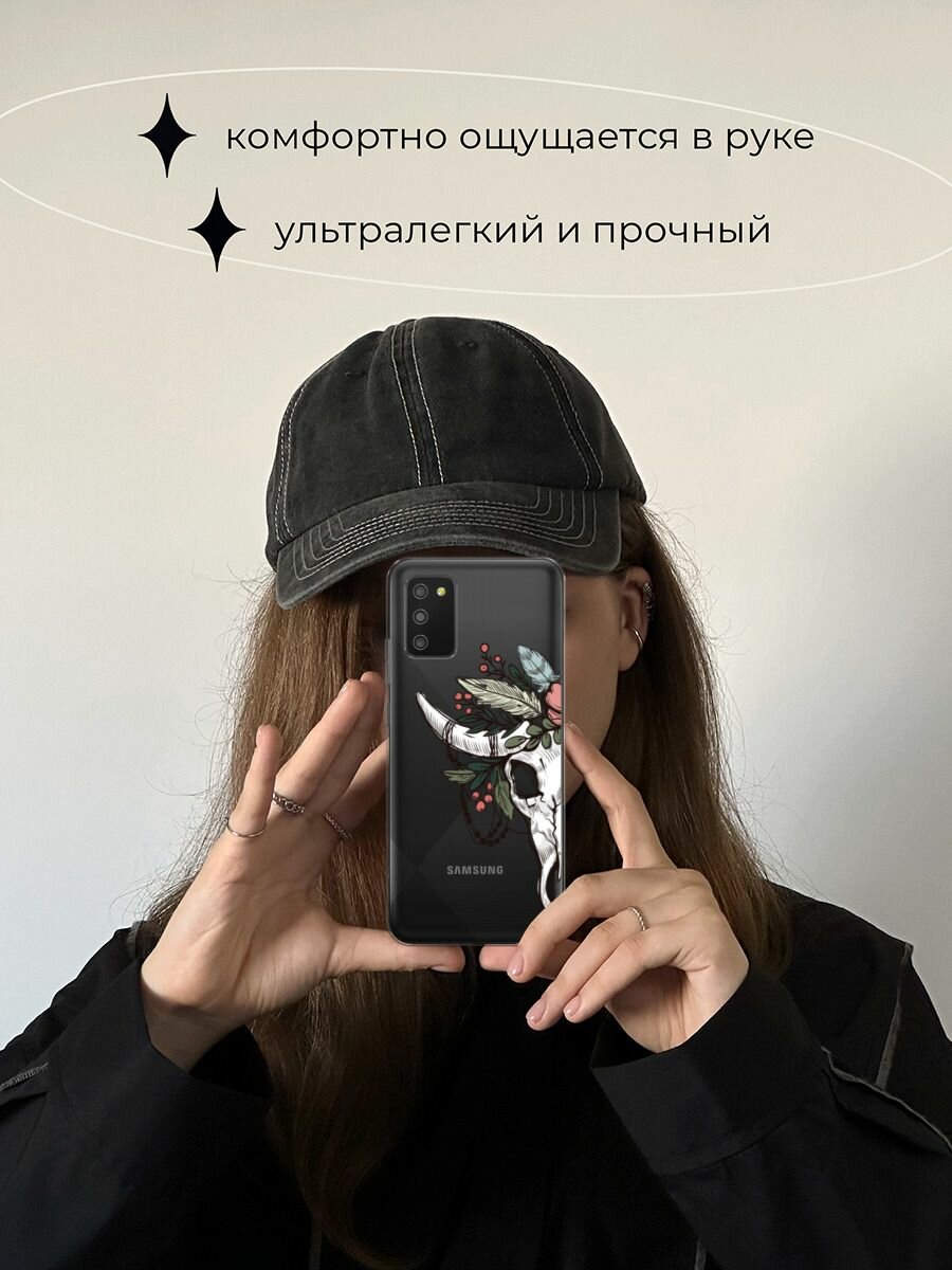 Чехол на Samsung Galaxy A02s / Самсунг Галакси A02s с принтом "Череп быка с цветами", прозрачный — фото 1