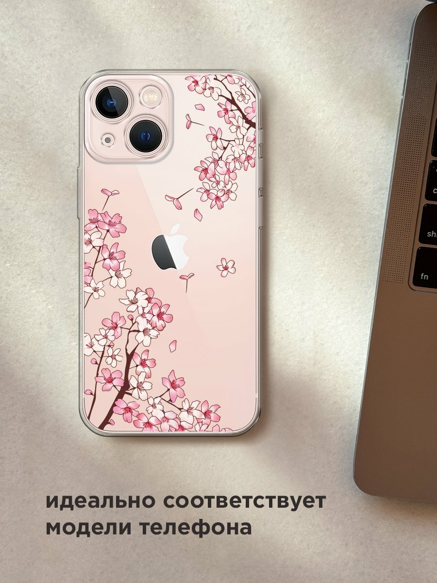 Чехол на Apple iPhone 13 mini / Айфон 13 мини с принтом "Ветви сакуры 1", прозрачный — фото 1