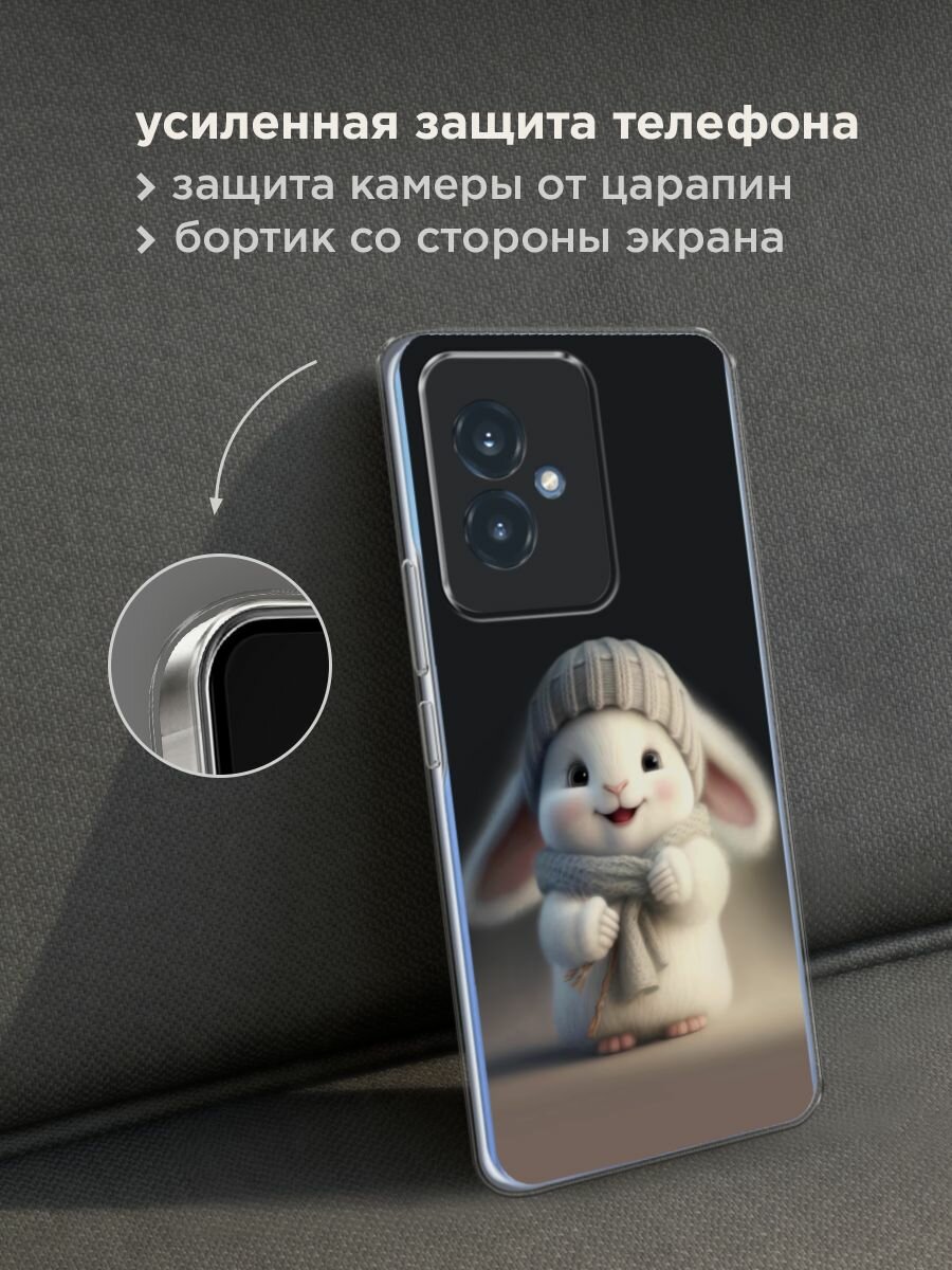 Чехол на Honor 100 / Хонор 100 с принтом "Белый крольчонок в шапке" — фото 1