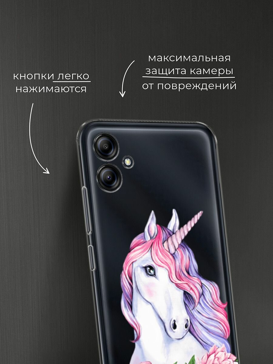 Чехол на Samsung Galaxy A04e / Самсунг A04e с принтом "Единорог с пионами", прозрачный — фото 1