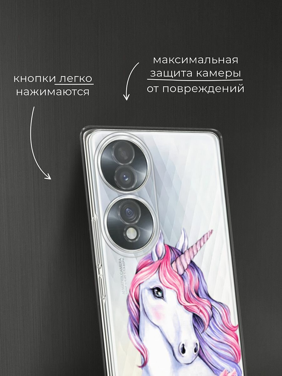 Чехол на Honor 70 / Хонор 70 с принтом "Единорог с пионами", прозрачный — фото 1