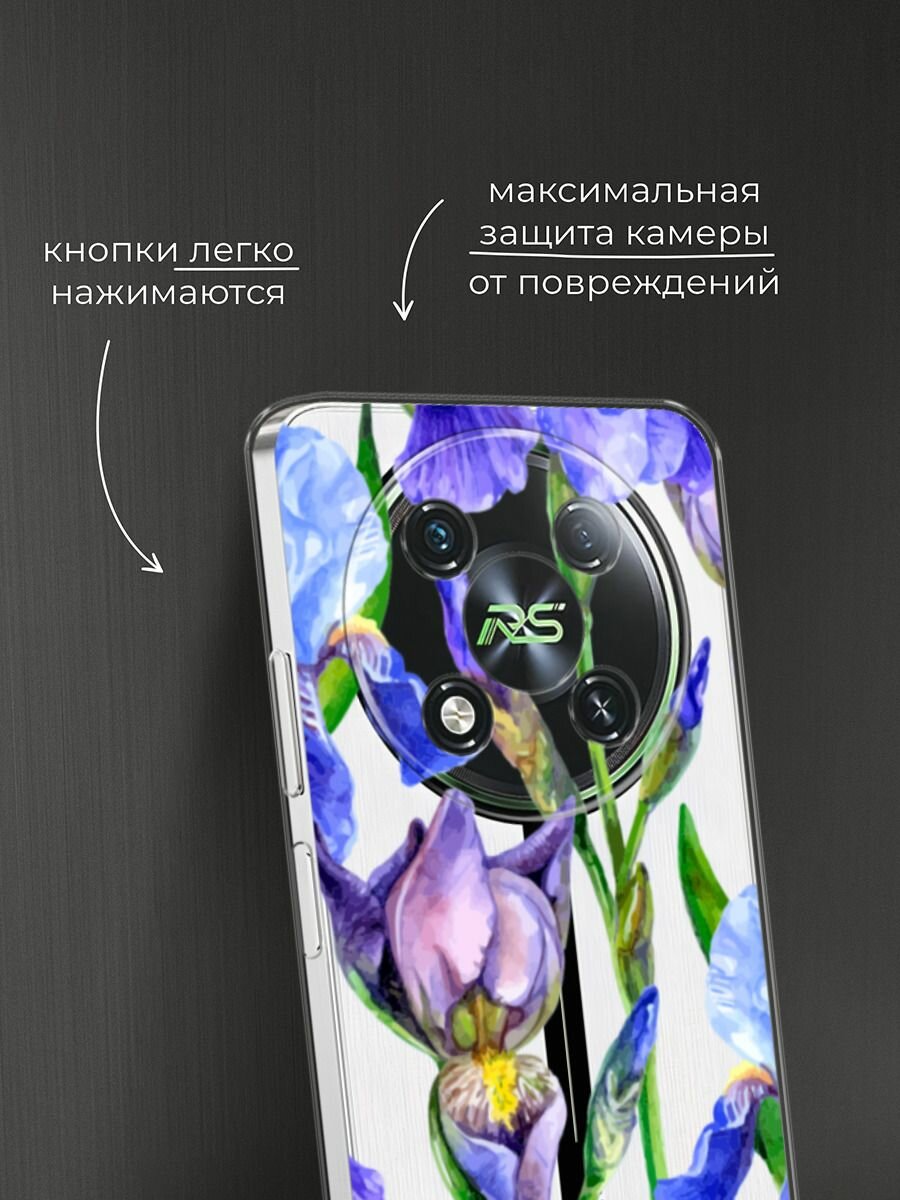 Чехол на Itel RS4 / Ител РС4 с принтом "Синие ирисы", прозрачный — фото 1