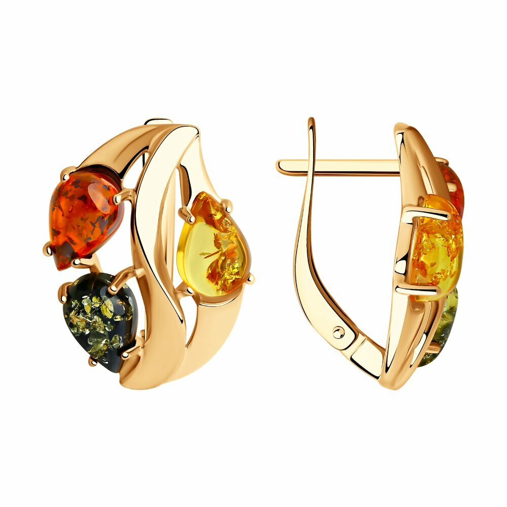 Серьги, серебро, 925 проба, золочение, янтарь прессованный