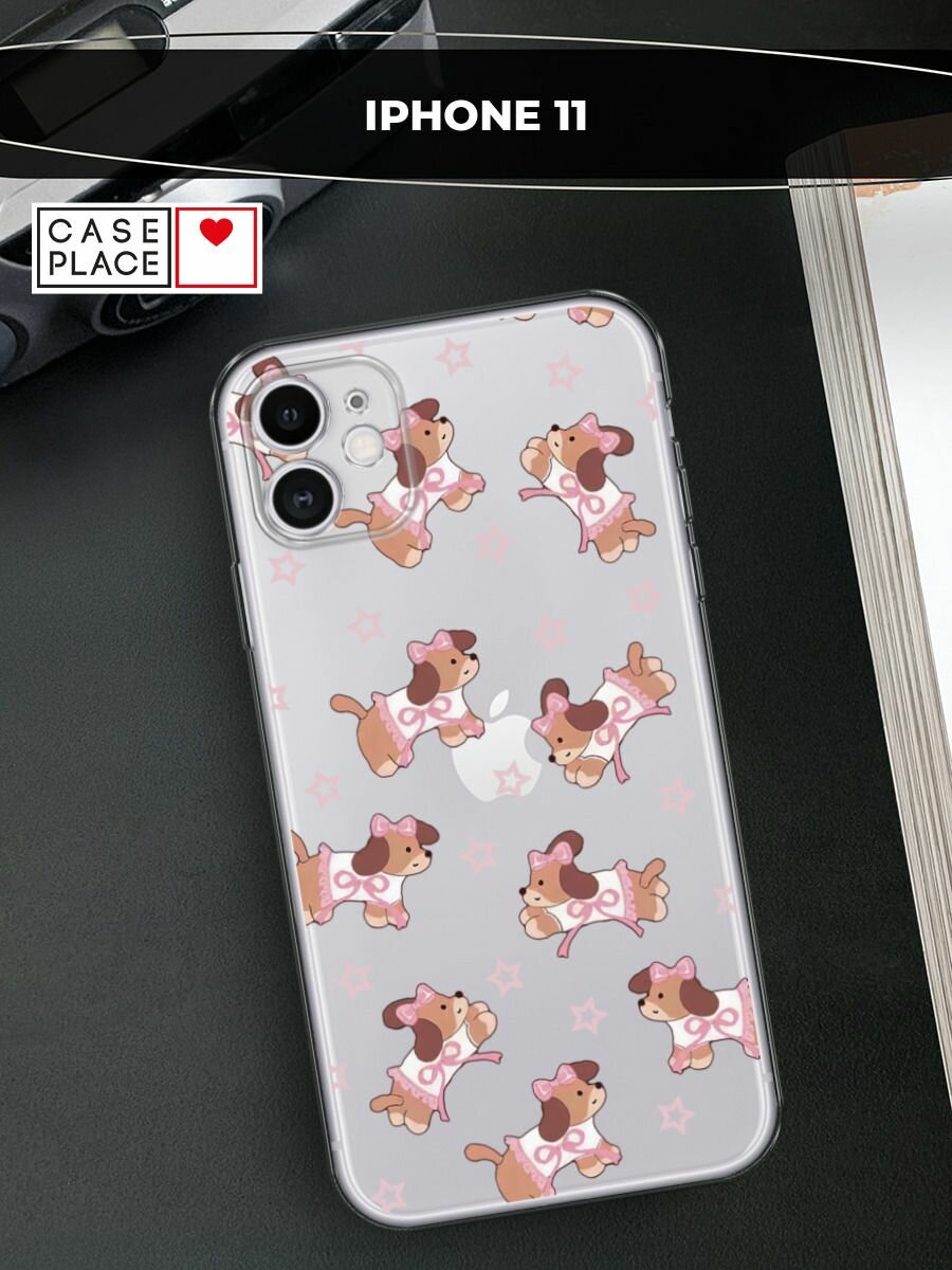 Чехол на Apple iPhone 11 / Айфон 11 с принтом "Милый щенок с бантиком", прозрачный