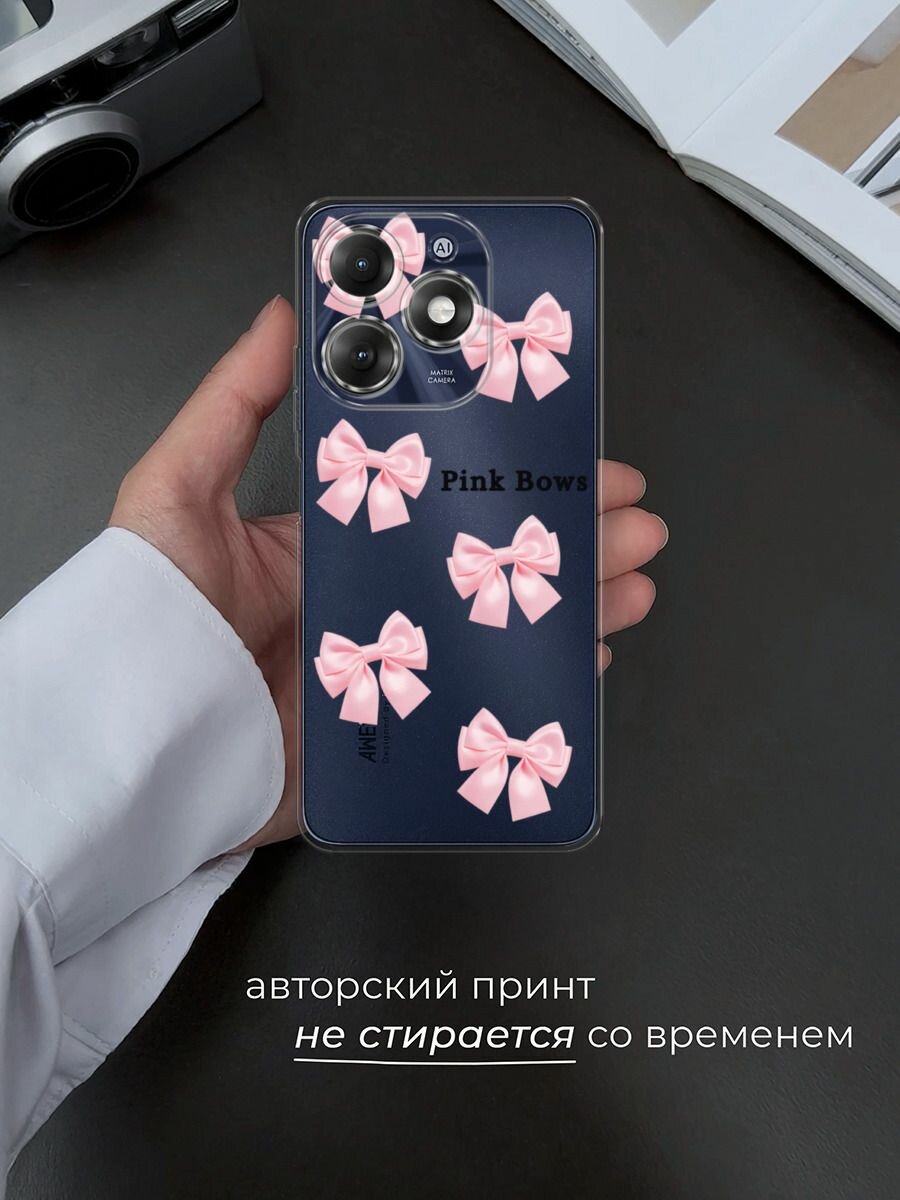 Чехол на Itel A70 / Ител А70 с принтом "Pink Bows", прозрачный — фото 1