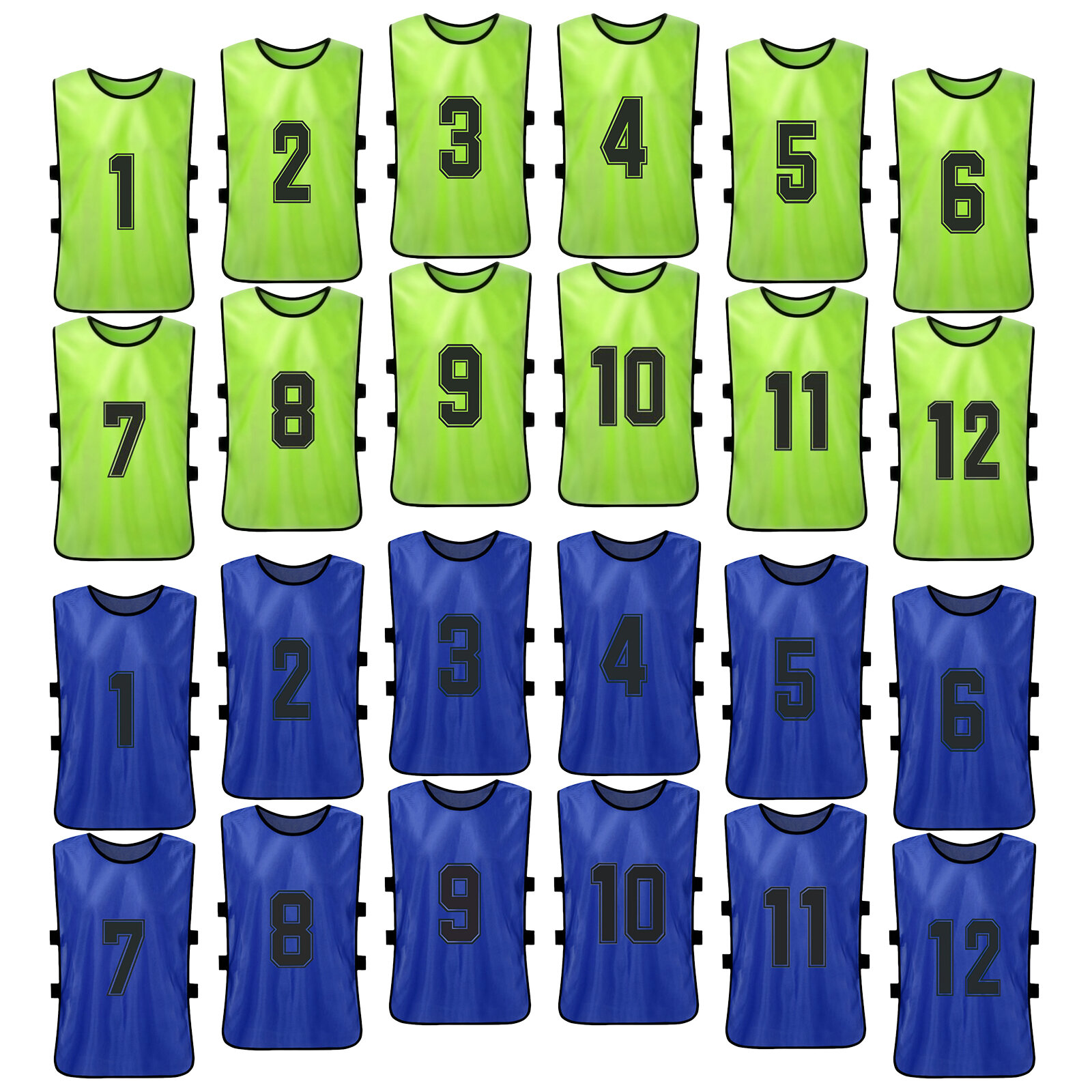 24PCS Футбольные жилеты быстротекущие футбольные майки для молодёжи спортивные тренировочные бикини баскетбольной команды с номерами тренировочные спортивные жилеты, материал полиэстер, цвет флуоресцентно-зеленый + синий, флуоресцентно-зеленый + красный,