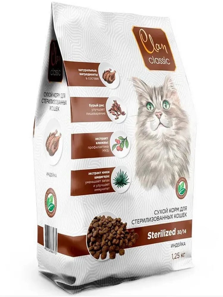 Сухой корм CLAN CLASSIC Sterilized, для стерилизованных кошек, индейка 1,25кг