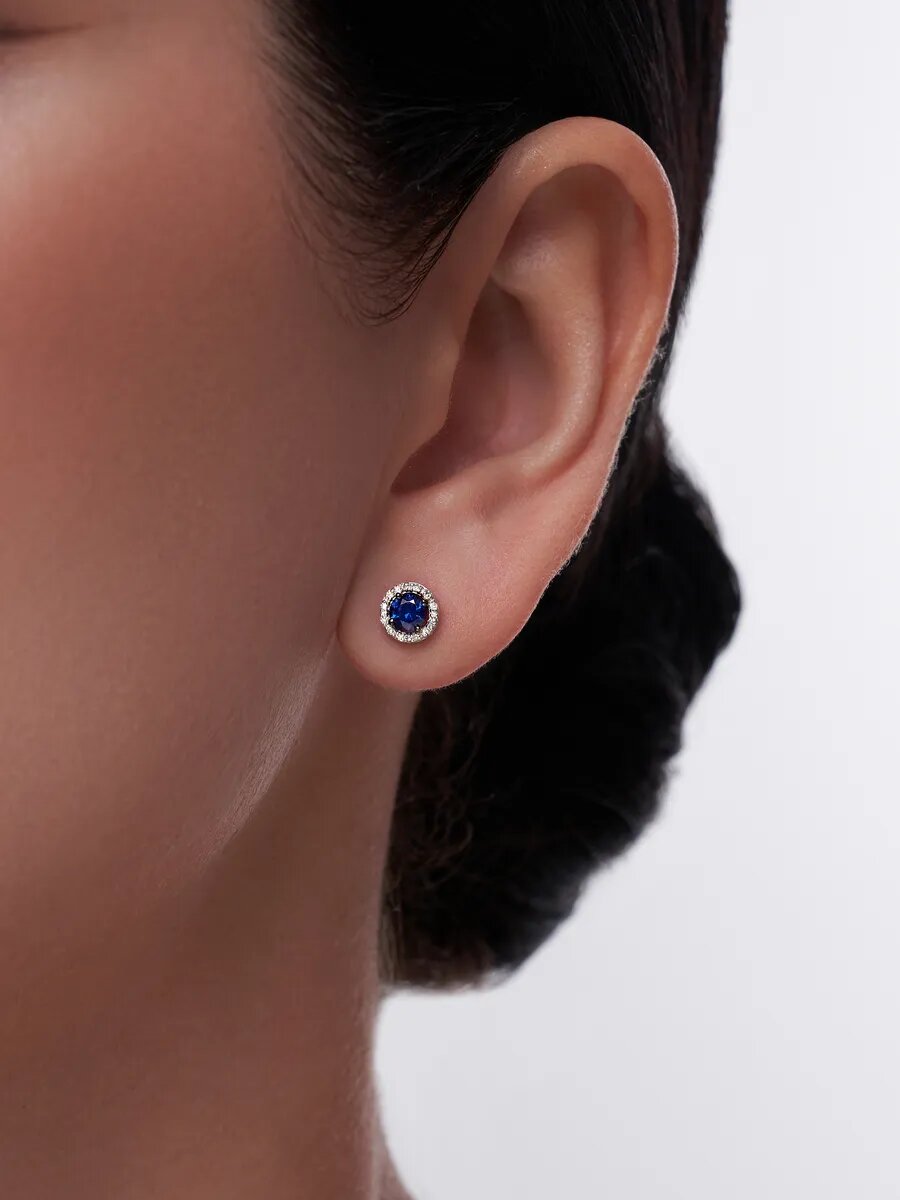 Серьги пусеты, красное золото, 585 проба, золочение, бриллиант, сапфир