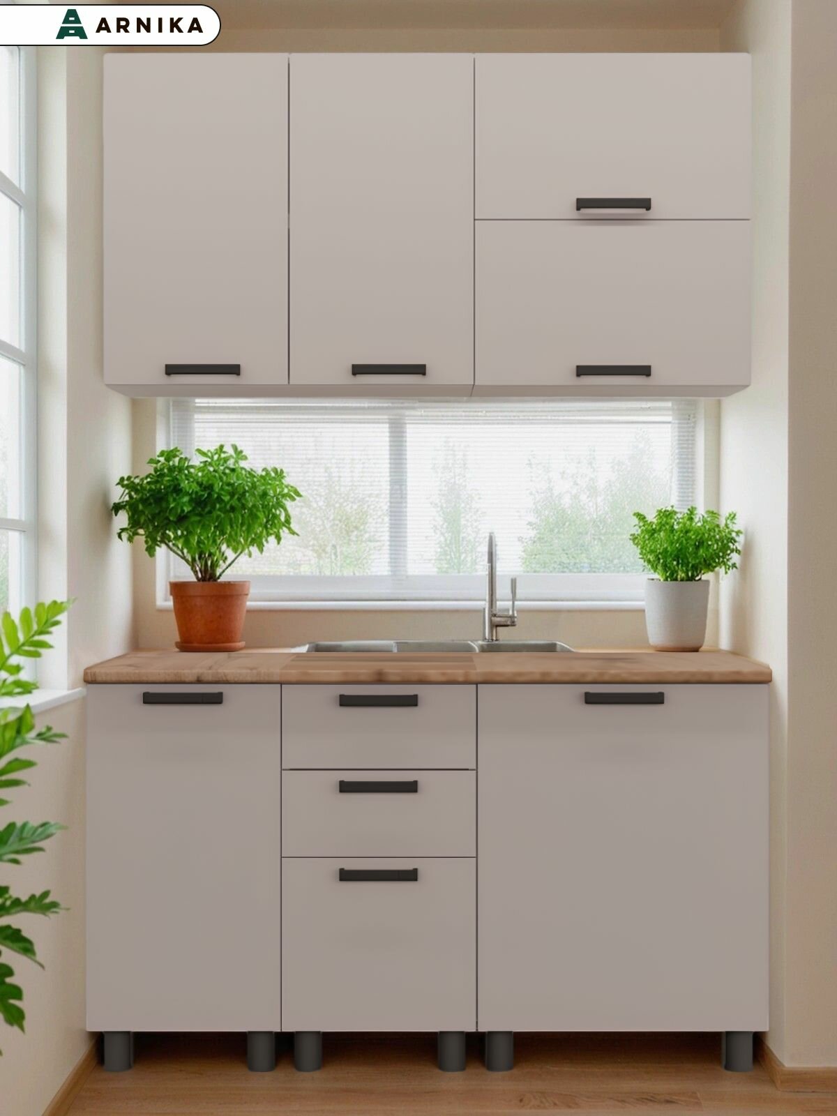 ARNIKA Кухонный гарнитур 1,4м Кашемир, скоба черный, сонома