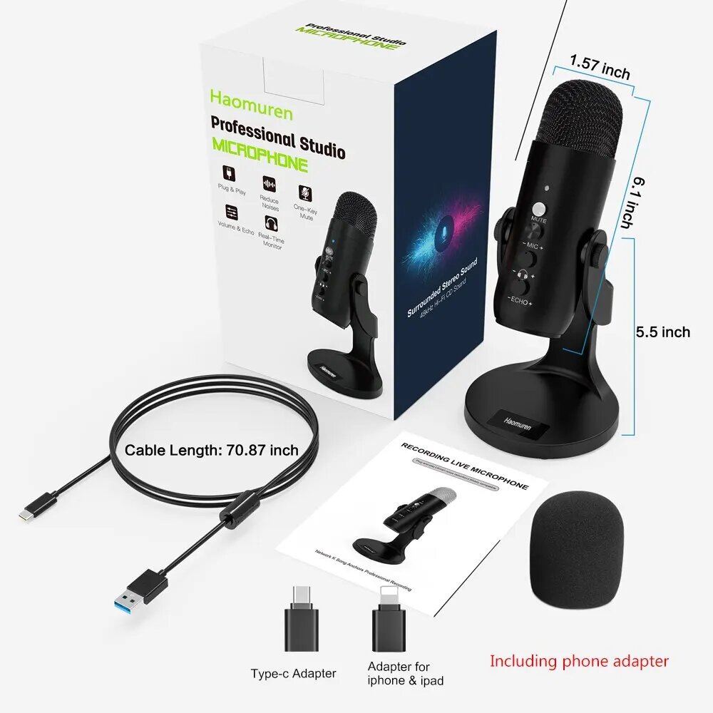 USB-микрофон Haomuren Для ПК, Mac, Игр, Записи, Стриминга