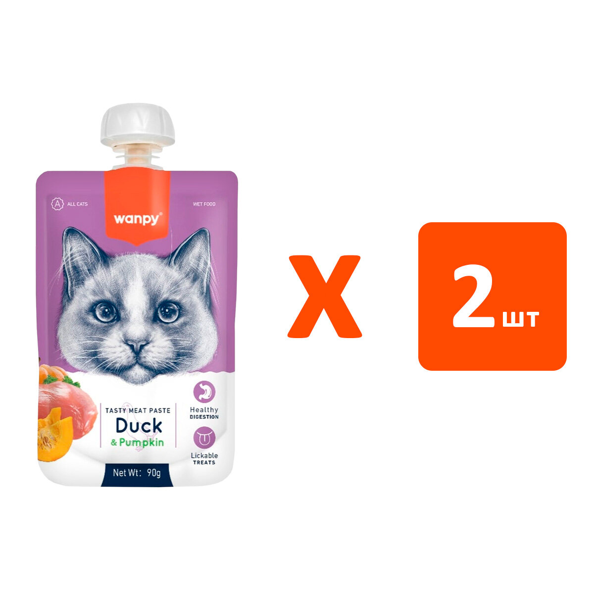 Лакомство WANPY CAT для кошек, мясной мусс с уткой и тыквой, 90 гр х 2 шт