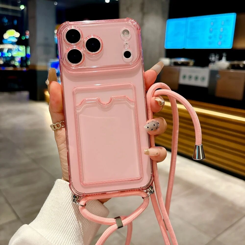 Прозрачный мягкий чехол-держатель для карт со шнурком для iPhone 17, Air 16, Айфон 15, Розовый, Pink