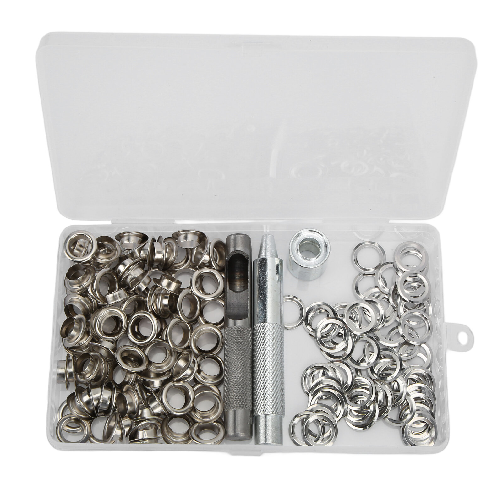 100 комплектов люверсов серебристого цвета, износостойкие, для самостоятельного изготовления, прочная конструкция, инструмент для установки люверсов на одежду и обувь, диаметр 10 мм.