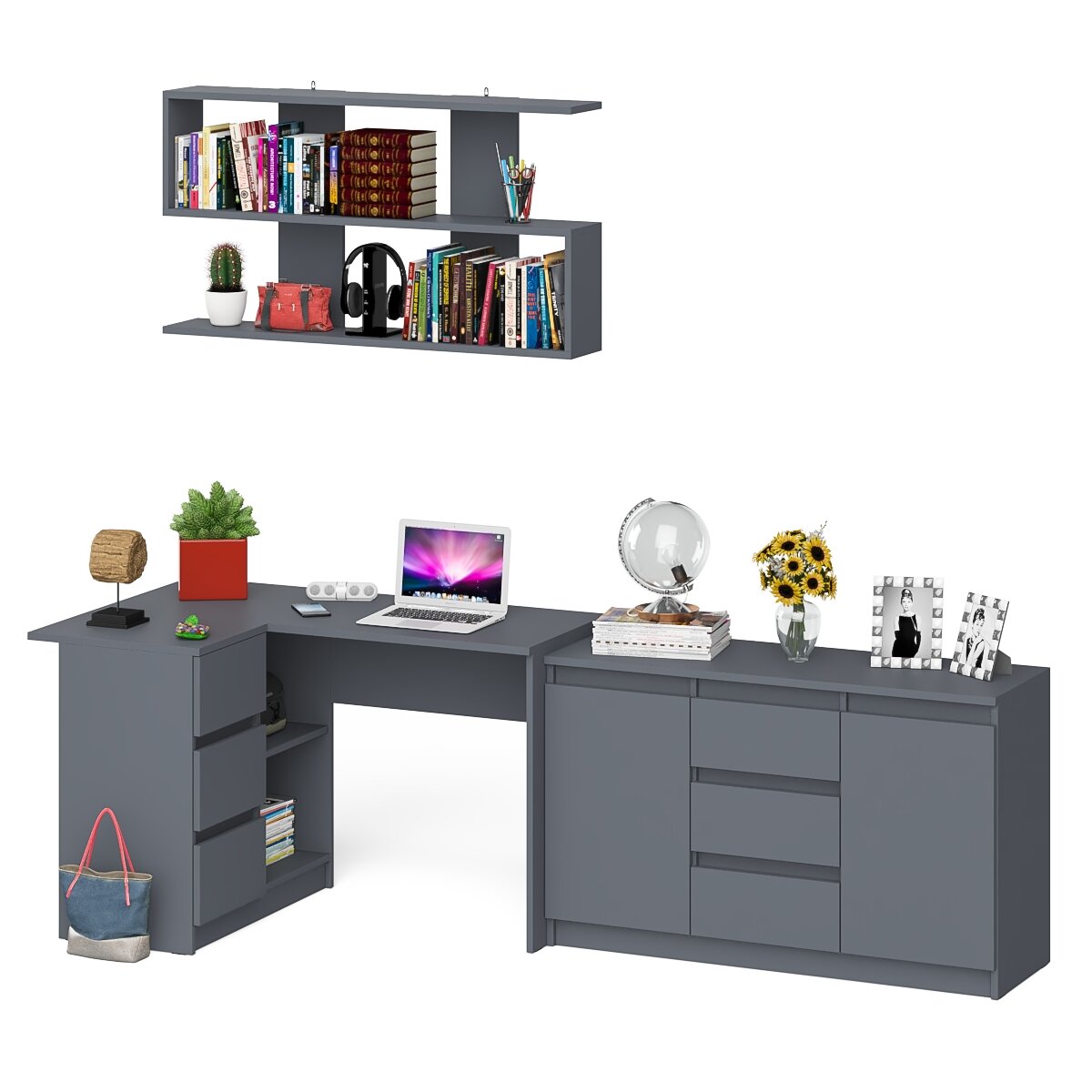 Угловой компьютерный стол Мори МС-16 левый с полкой и тумбой-комодом 1200-3 графит, 244,8х84,9х209,6 см