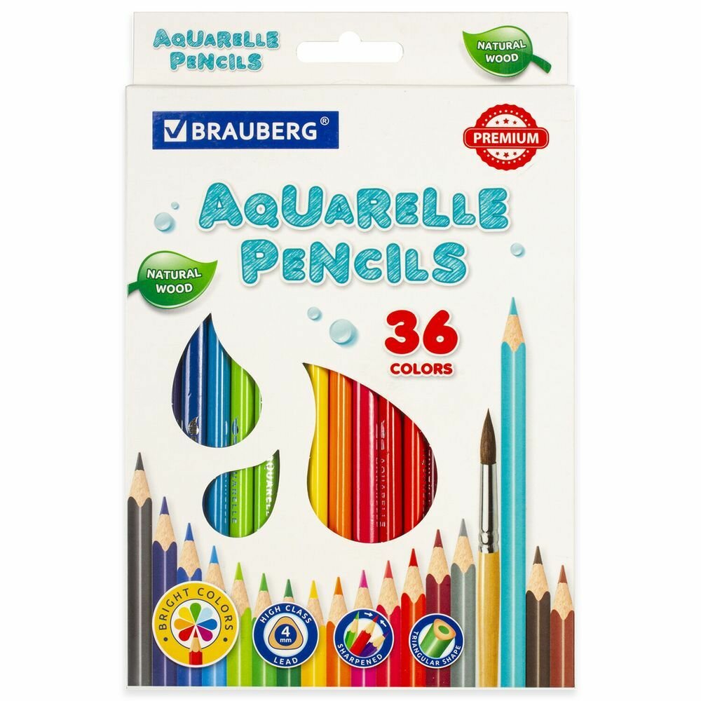 Карандаши цветные акварельные BRAUBERG PREMIUM AQUARELLE, 36 цветов, трехгранные, утолщенный грифель 4 мм, натуральное дерево