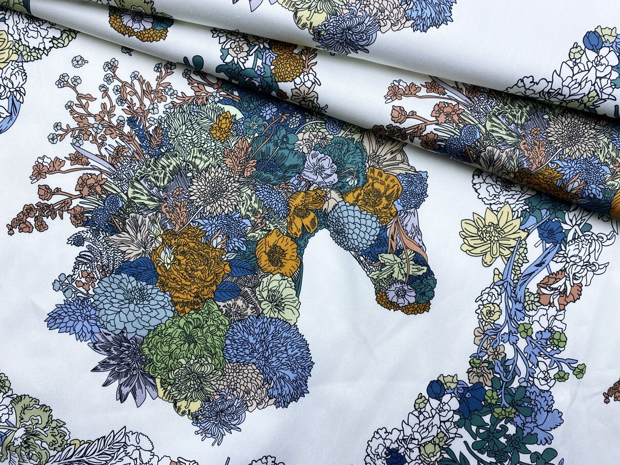 Ткань Хлопок белого цвета с принтом цветочные лошади 14409