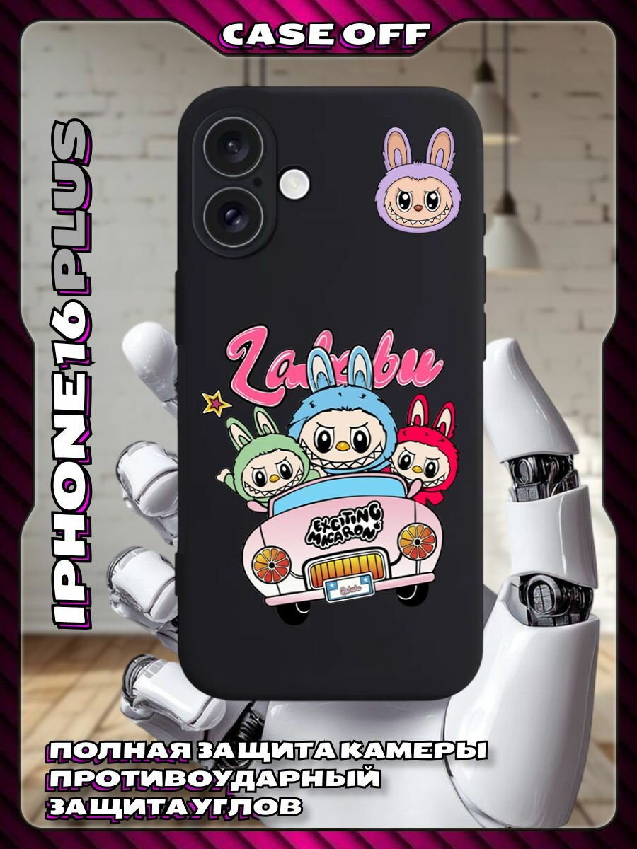Чехол ZiART (Labubu 1 / Лабубу 1) на iPhone 16 Plus силиконовый, с защитой камеры, черный