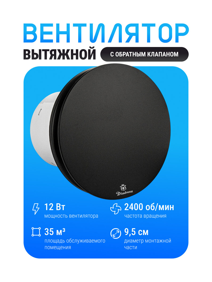 Вентилятор вытяжной закрытый с обратным клапаном, 12 Вт, 160 мм, круглый, черный