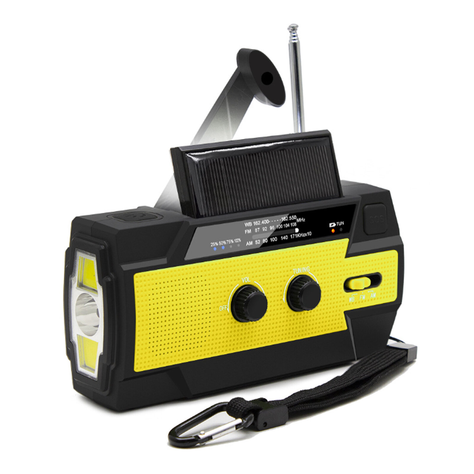 Радио аварийное портативное AM/FM/NOAA с солнечной панелью, ручным приводом, светом для чтения, сенсорным движением, фонариком LED, сигналом SOS, батареей 4000mAh, USB-выходом, цвета Черный, Красный, Желтый, Зеленый, Синий, Оранжевый (выбор), размер