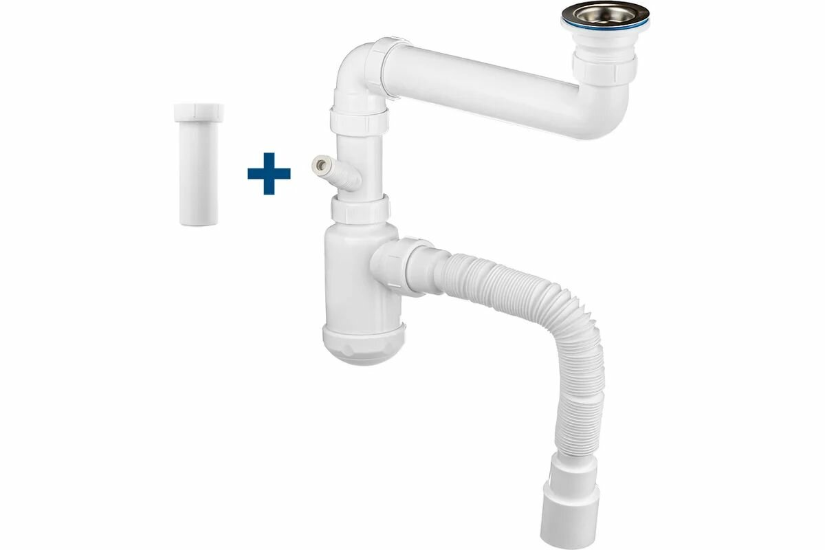 Сифон со смещением для мойки, выпуск 48-52 мм, 1.1/2"х40, 40x40/50, с патрубком отвода для стиральной машины