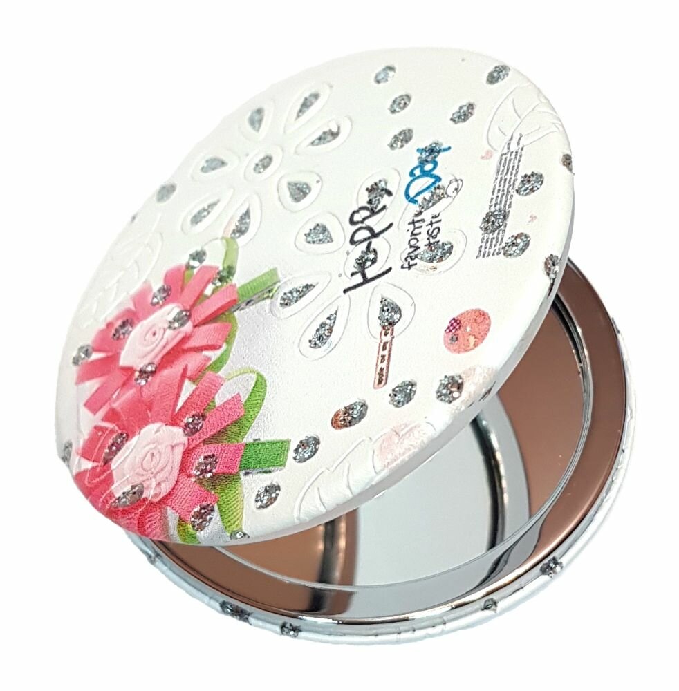 Зеркало карманное круглое розово-белое со стразами
