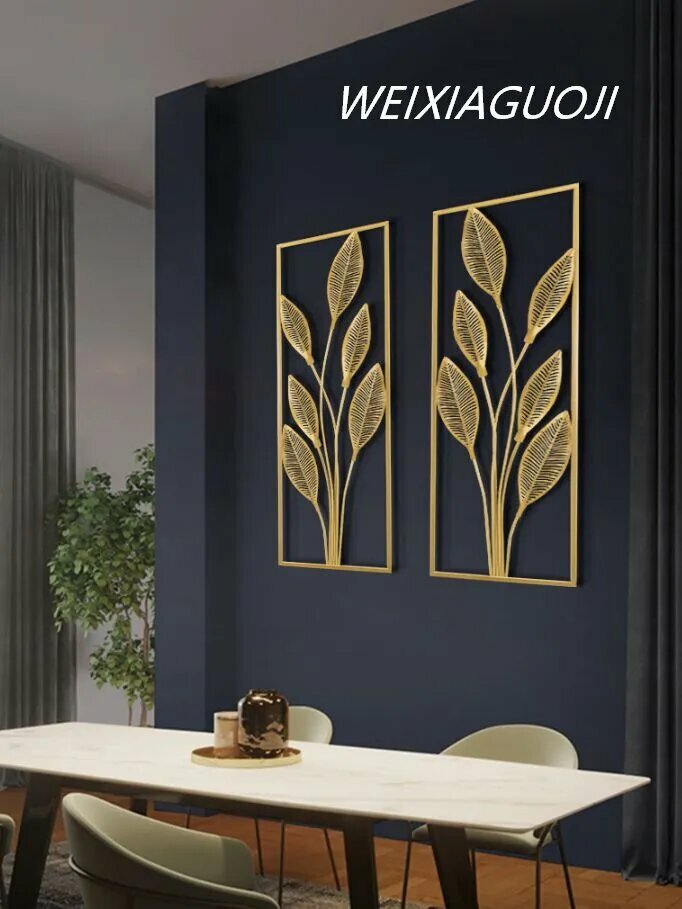 Панно на стену из металла 30*85см, Декор для дома золотые листья 2 шт