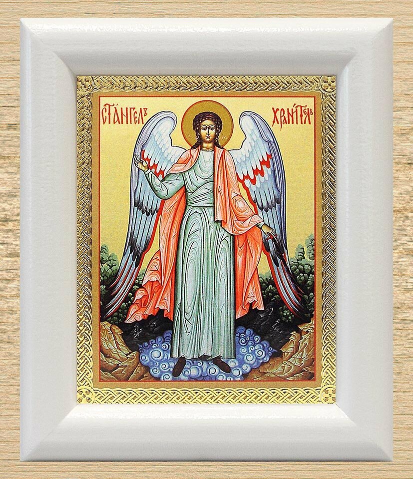 Ангел Хранитель (лик № 055), икона в белой деревянной рамке 8*9,5 см