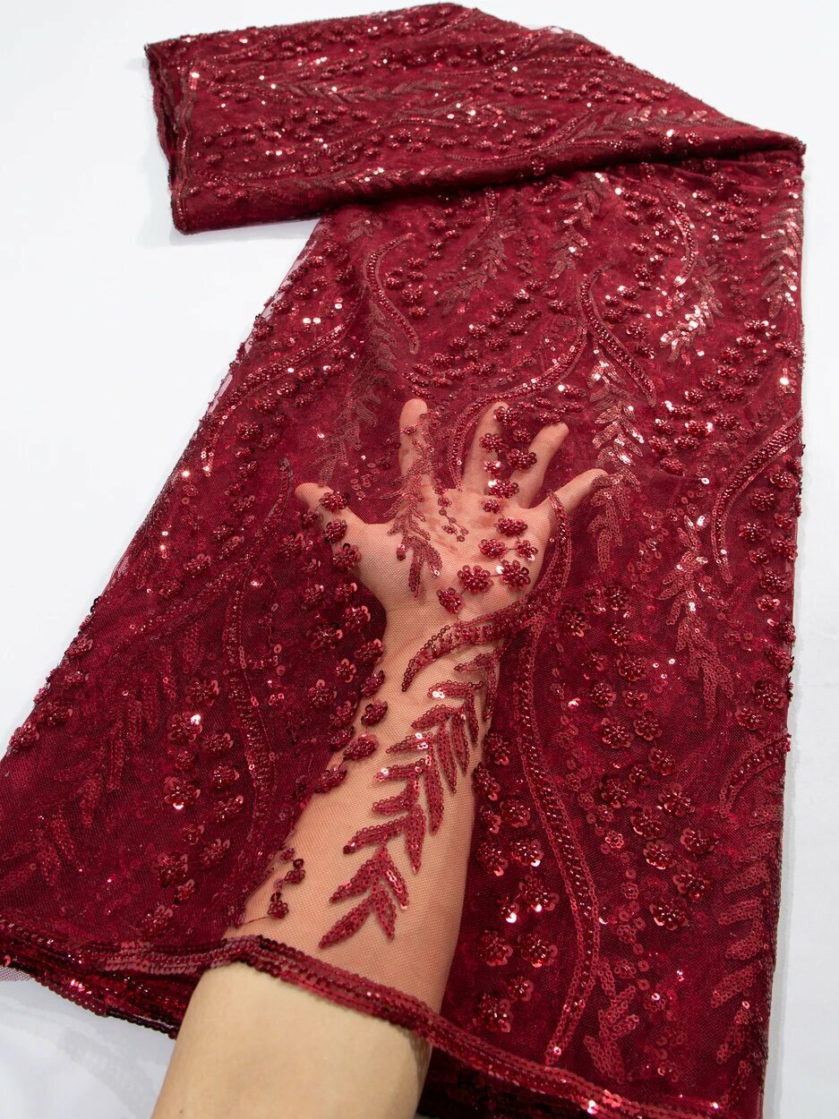 Французское кружево с пайетками, полиэстер Бордовый, MeshTY38035