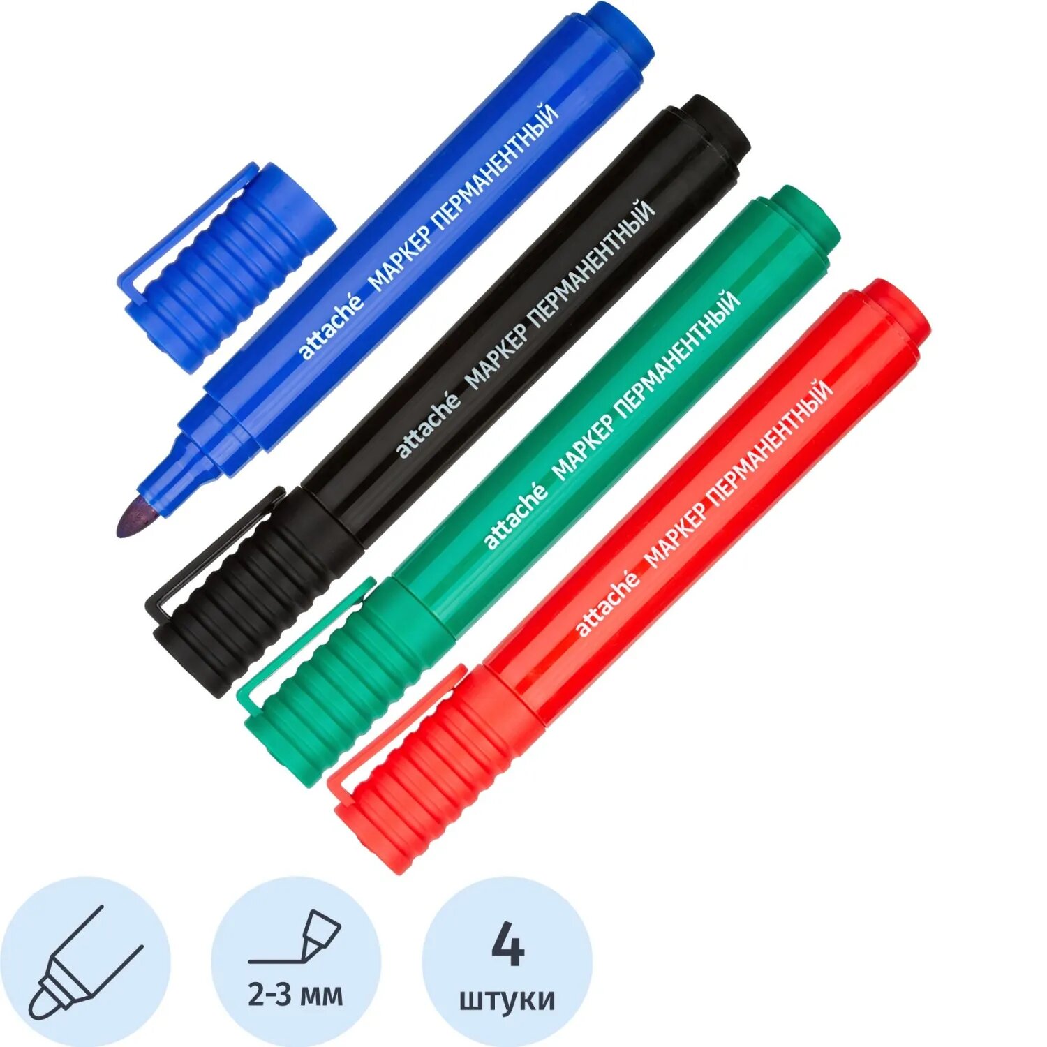 Набор маркеров перманентных Attache (син, зел, красн, черн.)корпус в ассорт