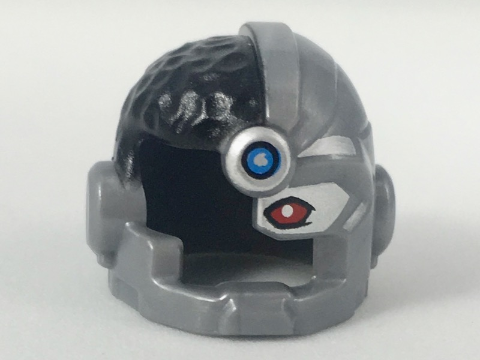 Minifigure, Headgear Helmet Cyborg Side Open with Black Top Side, Red Eye and Dark Azure Dot Pattern, 19026pb02 Flat Silver U