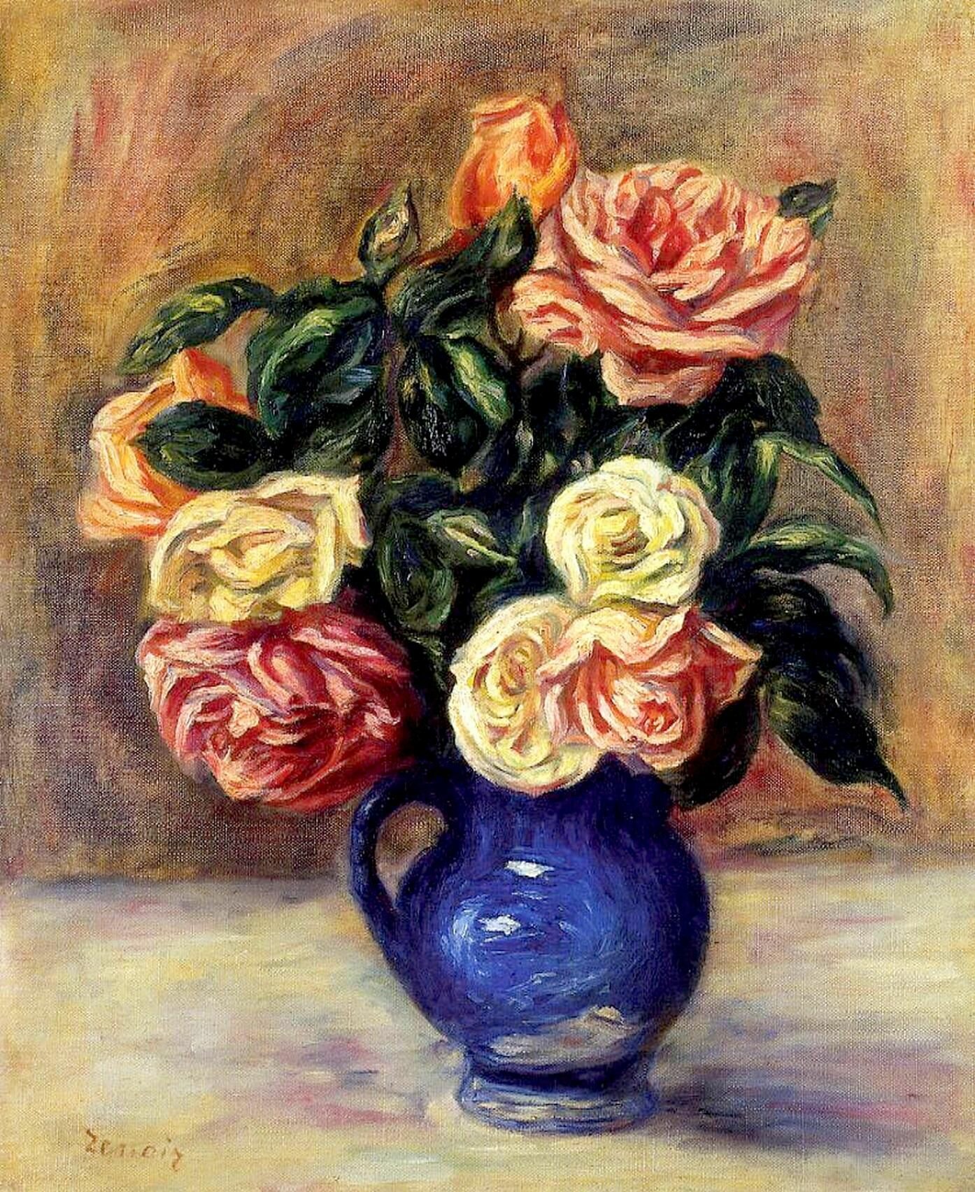 Картина Ренуара Огюста Розы в голубой вазе 1900 49х60 см