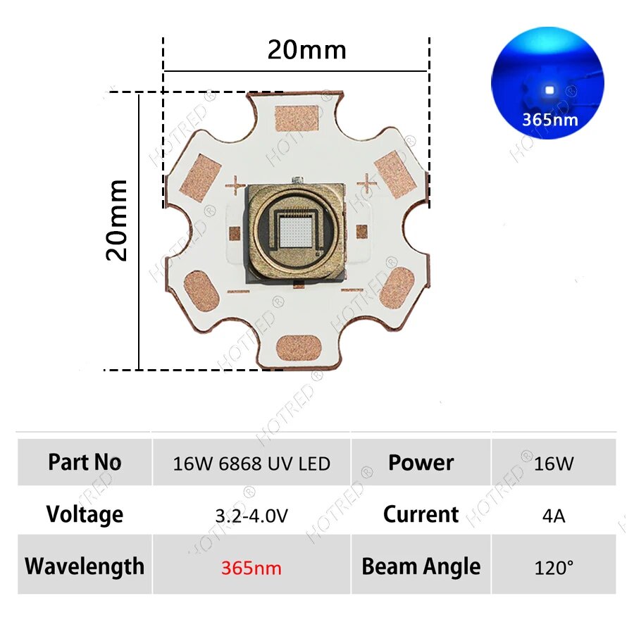 УФ лампа HotRed 10-16 Вт 365nm on 20mm Copper
