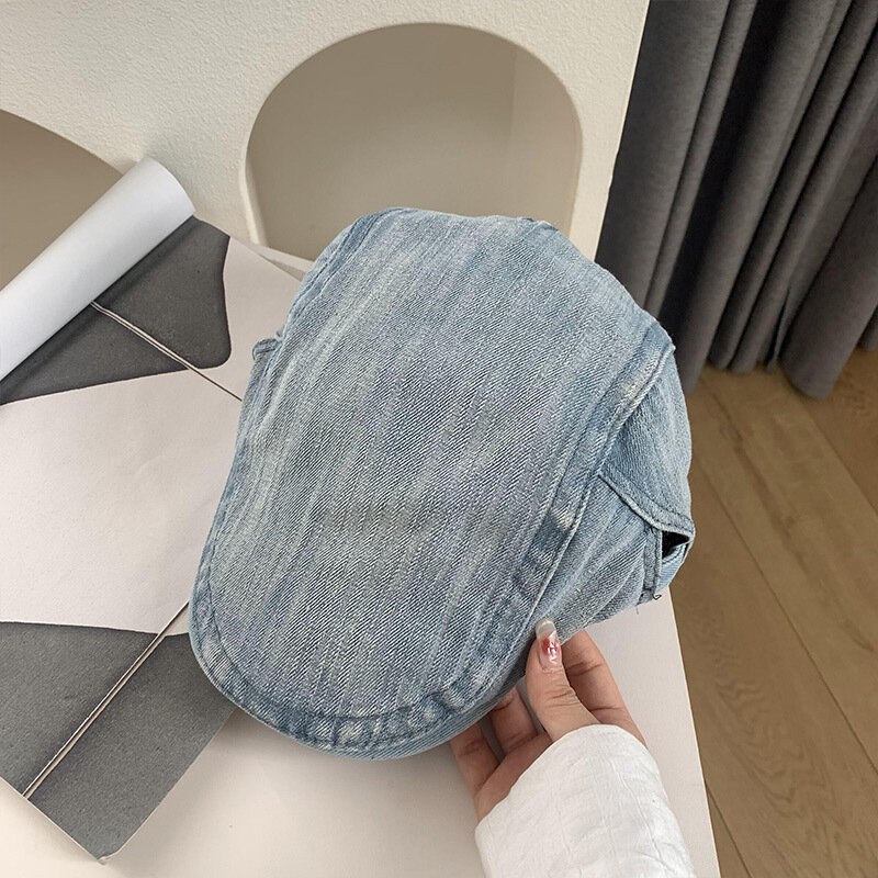 Новая шляпа ранней осенью, женская джинсовая шляпа в стиле ретро, берет с большим обхватом головы, открывающая лицо, маленькая шляпа газетчика