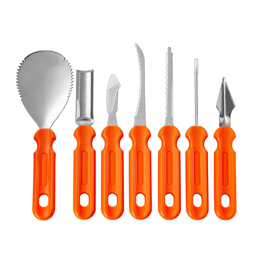 Набор для резьбы по тыкве на Хэллоуин, 7 шт из нержавеющей стали с сумкой для хранения, инструменты для карвинга тыкв, овощей и фруктов, эргономичные ручки с защитой для пальцев