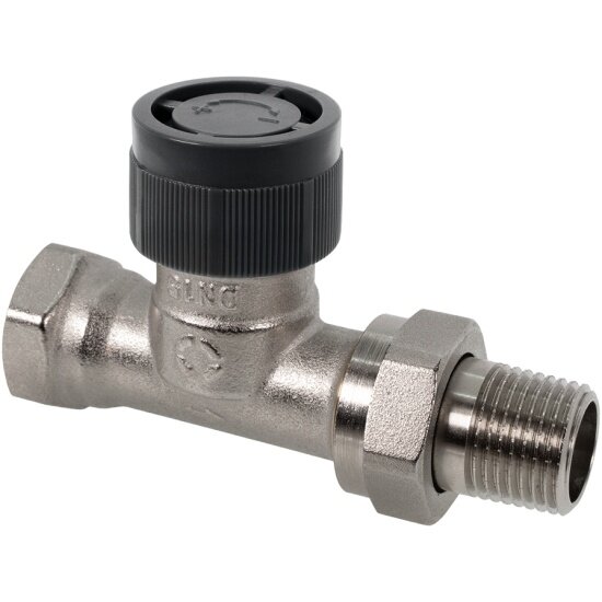 Вентиль Oventrop AR, термостатический, без преднастройки, прямой, DN-15, 1/2", 1/2", ВН, латунь никелированная, НГ со штуцером, черный колпачок