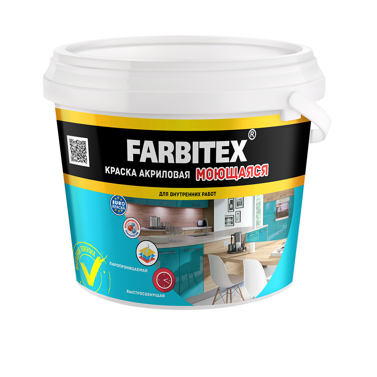 Краска интерьерная FARBITEX акриловая, интерьерная, моющаяся, 3 кг, 1.82 л