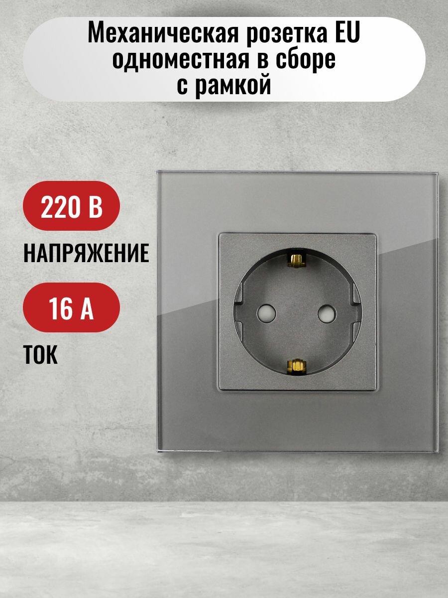 Розетка KLUST Basic стеклянная одинарная с рамкой серая