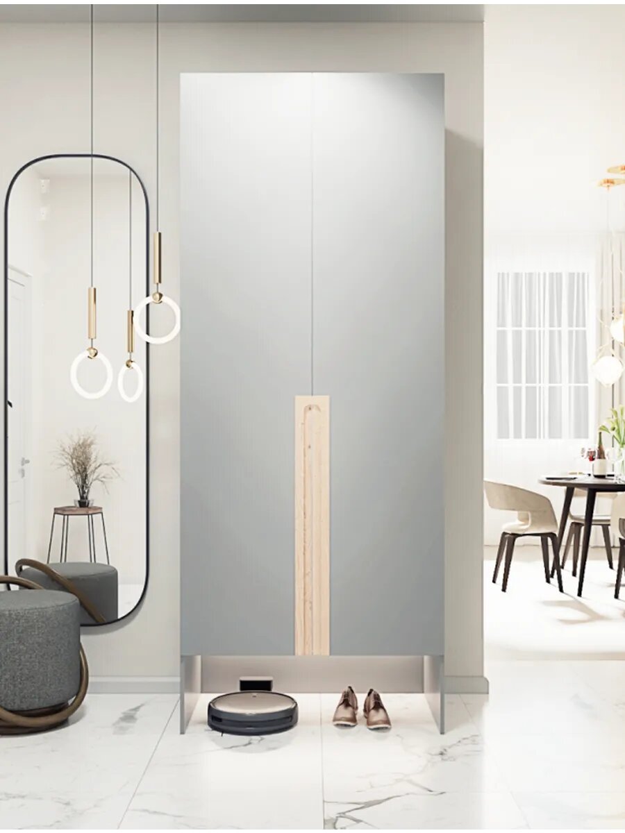 Casa Mia 70х210х55 см. Детский шкаф для одежды в прихожую 2-дверный с подсветкой и штангой, серый, ручка из массива дуба