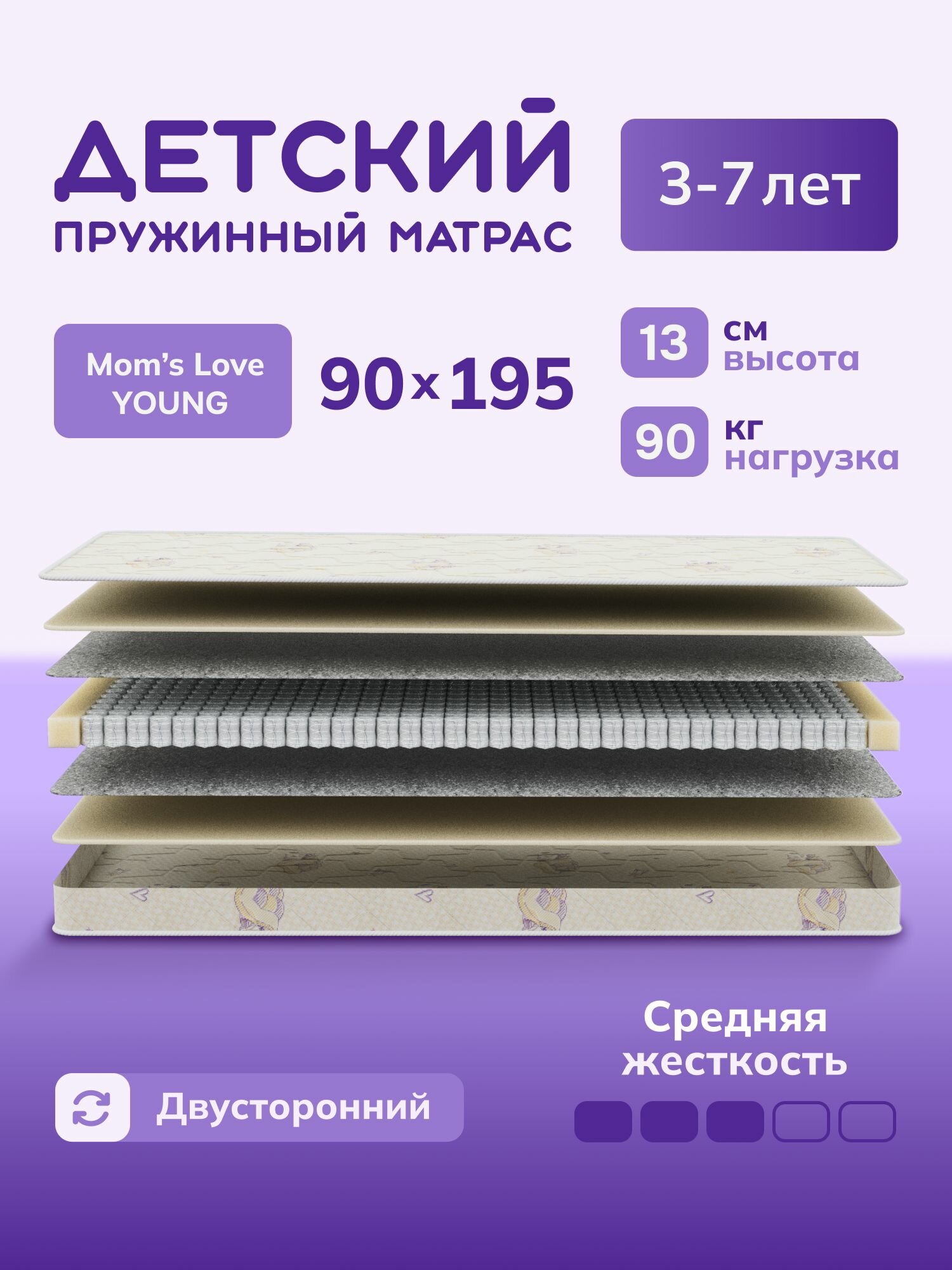 Матрас ортопедический пружинный детский 90х195 см Mom's Love Young независимые пружины, гипоаллергенный, высота 13 см