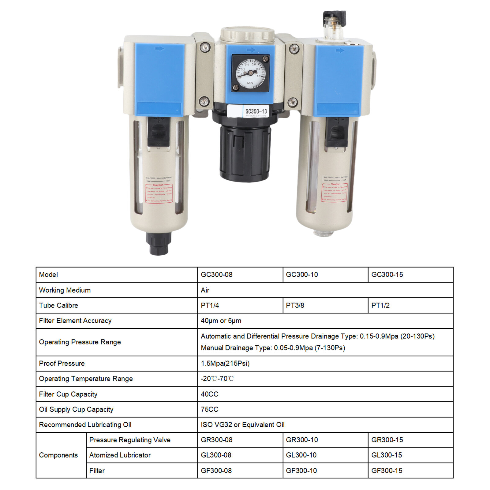 Воздушный компрессор Проточный фильтр Регулятор давления Смазочный аппарат Водомасляный сепаратор Комбинированный блокGC300-10